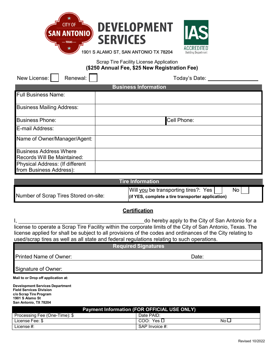 City of San Antonio, Texas Scrap Tire Facility License Application ...