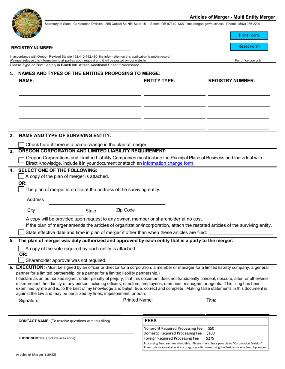 Oregon Articles of Merger - Multi Entity Merger Download Fillable PDF ...