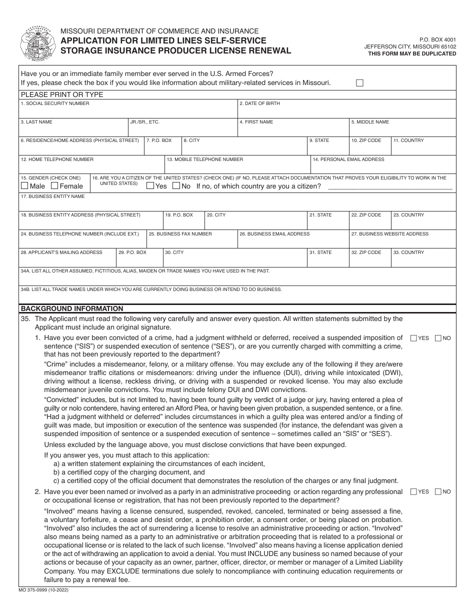 Form MO375-0999 - Fill Out, Sign Online and Download Fillable PDF ...