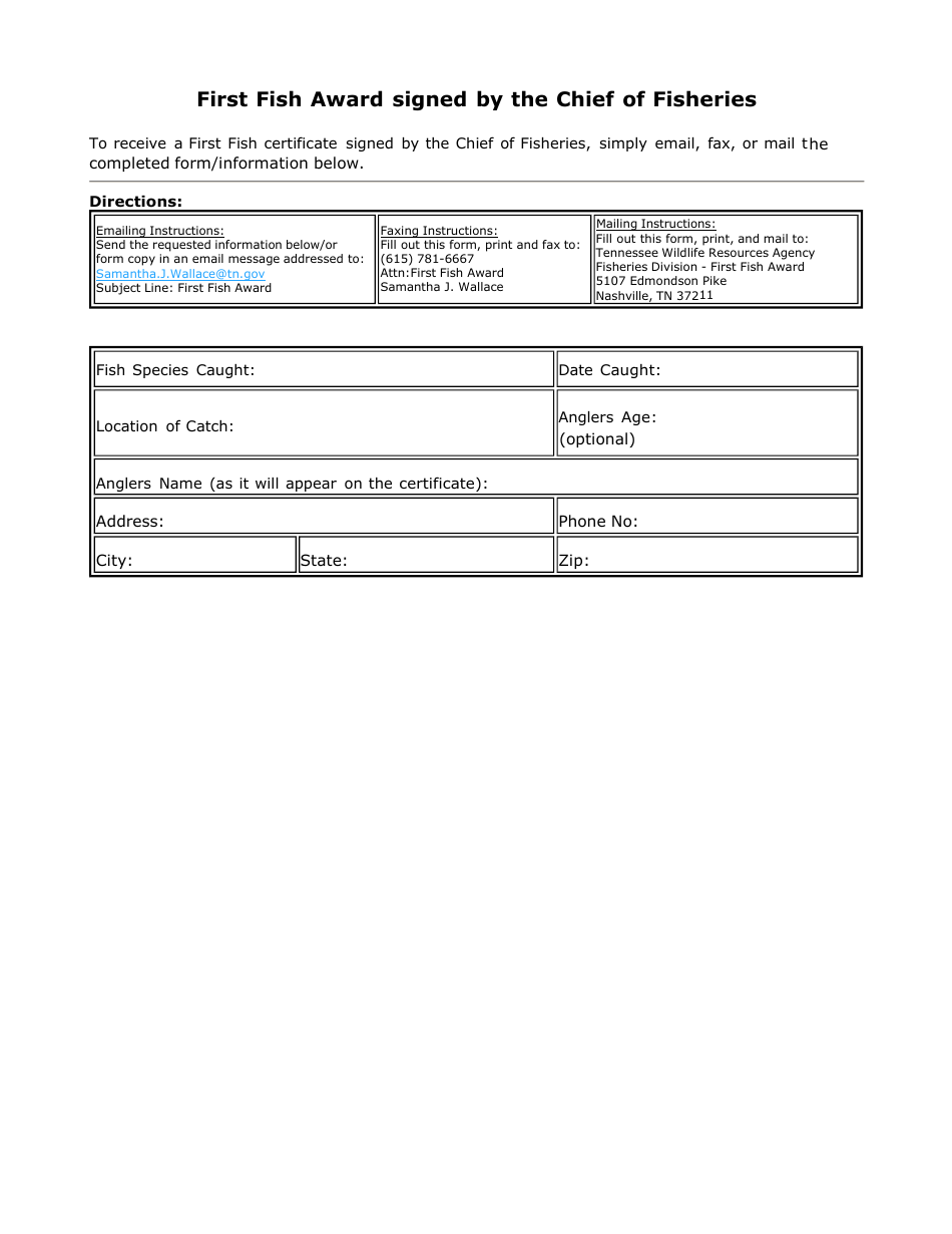 Tennessee First Fish Award Signed by the Chief of Fisheries - Fill Out ...