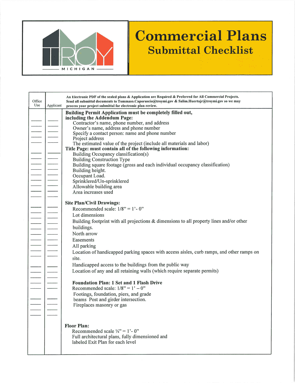 City of Troy, Michigan Commercial Plans Submittal Checklist - Fill Out ...