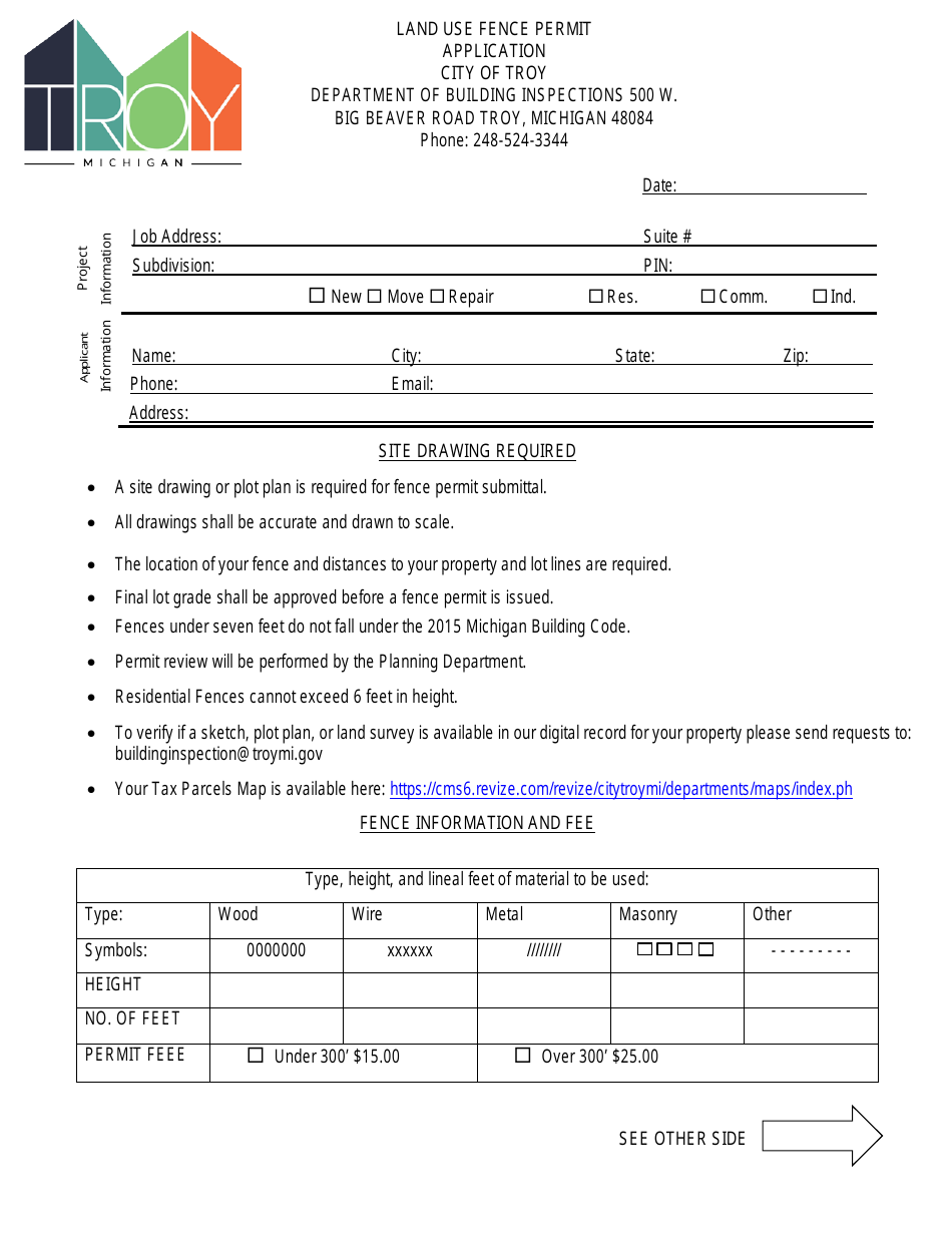 City of Troy, Michigan Land Use Fence Permit Application - Fill Out ...
