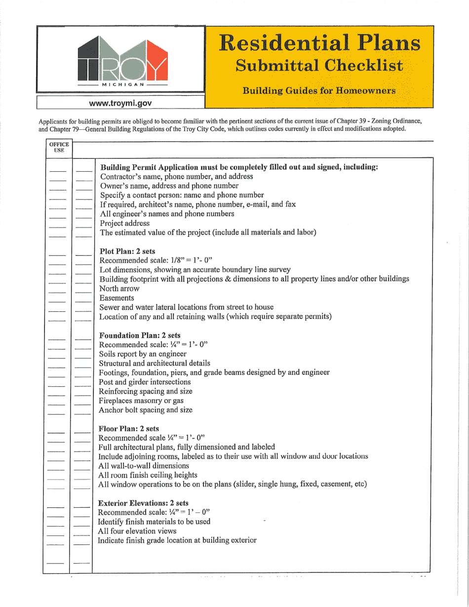 City of Troy, Michigan Residential Plans Submittal Checklist - Fill Out ...
