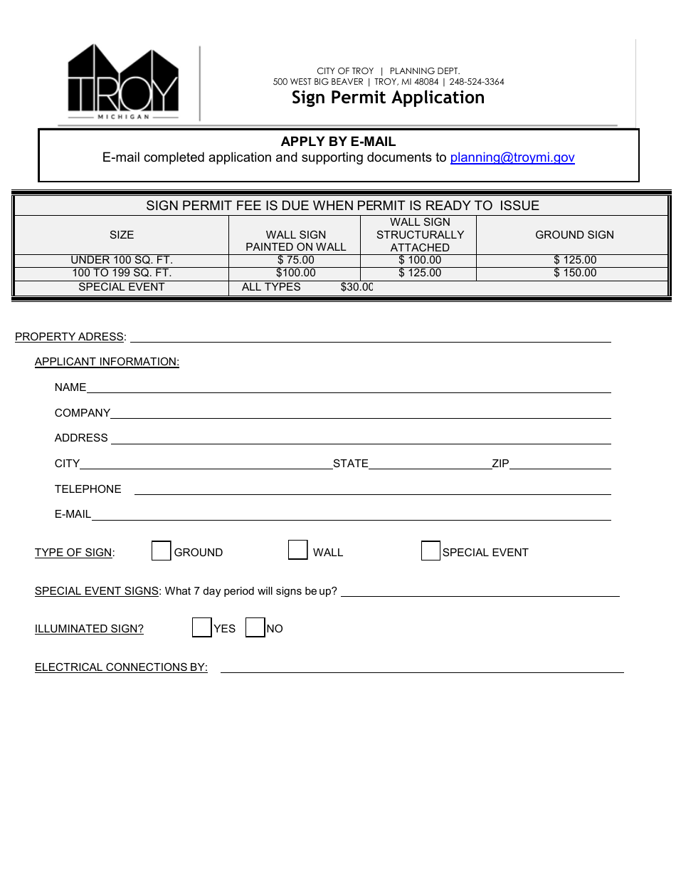 City of Troy, Michigan Sign Permit Application Download Fillable PDF | Templateroller
