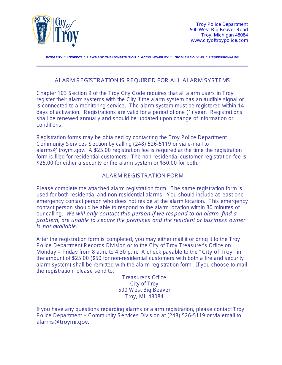 City of Troy, Michigan Alarm Registration Form - Fill Out, Sign Online ...
