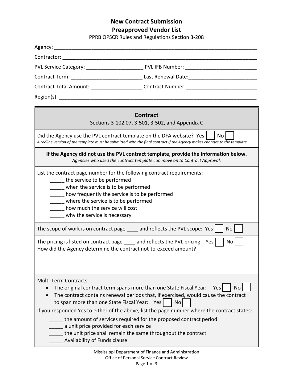 Mississippi New Contract Submission - Preapproved Vendor List - Fill ...