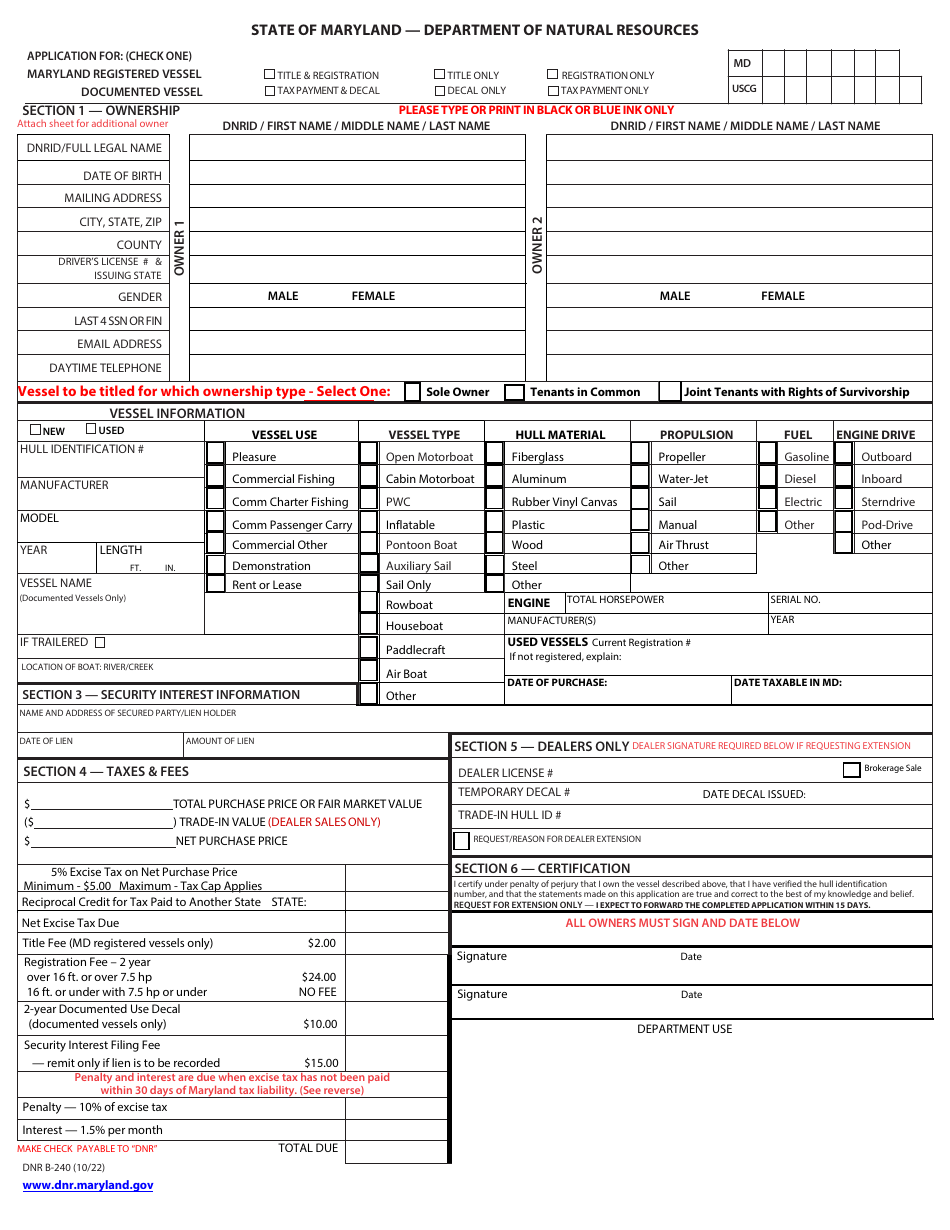 DNR Form B-240 Download Fillable PDF or Fill Online Boat Registration ...