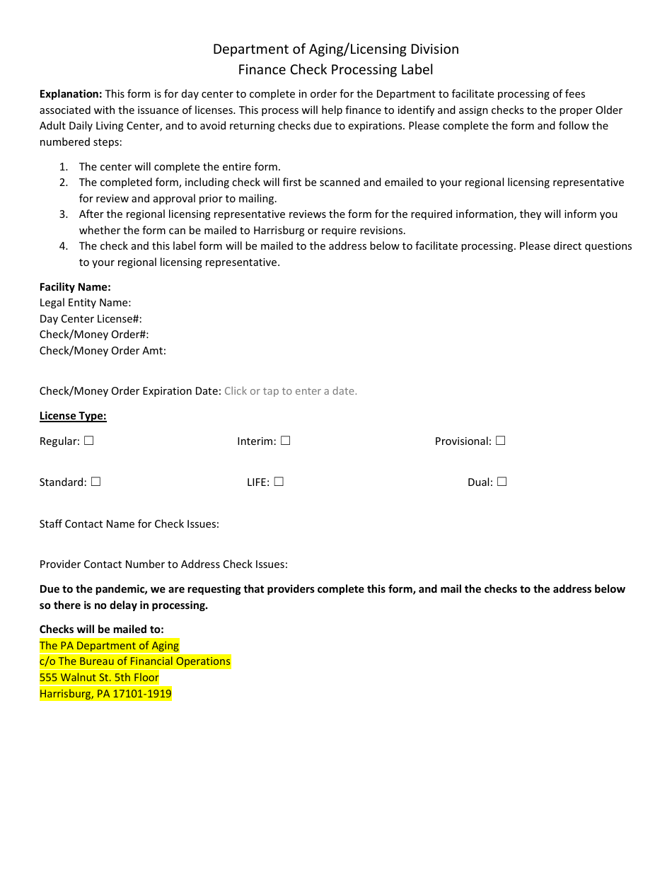 Pennsylvania Finance Check Processing Label Form - Fill Out, Sign ...