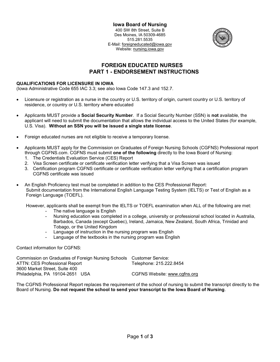 Iowa Endorsement Instructions for Foreign Educated Nurses - Fill Out, Sign Online and Download ...