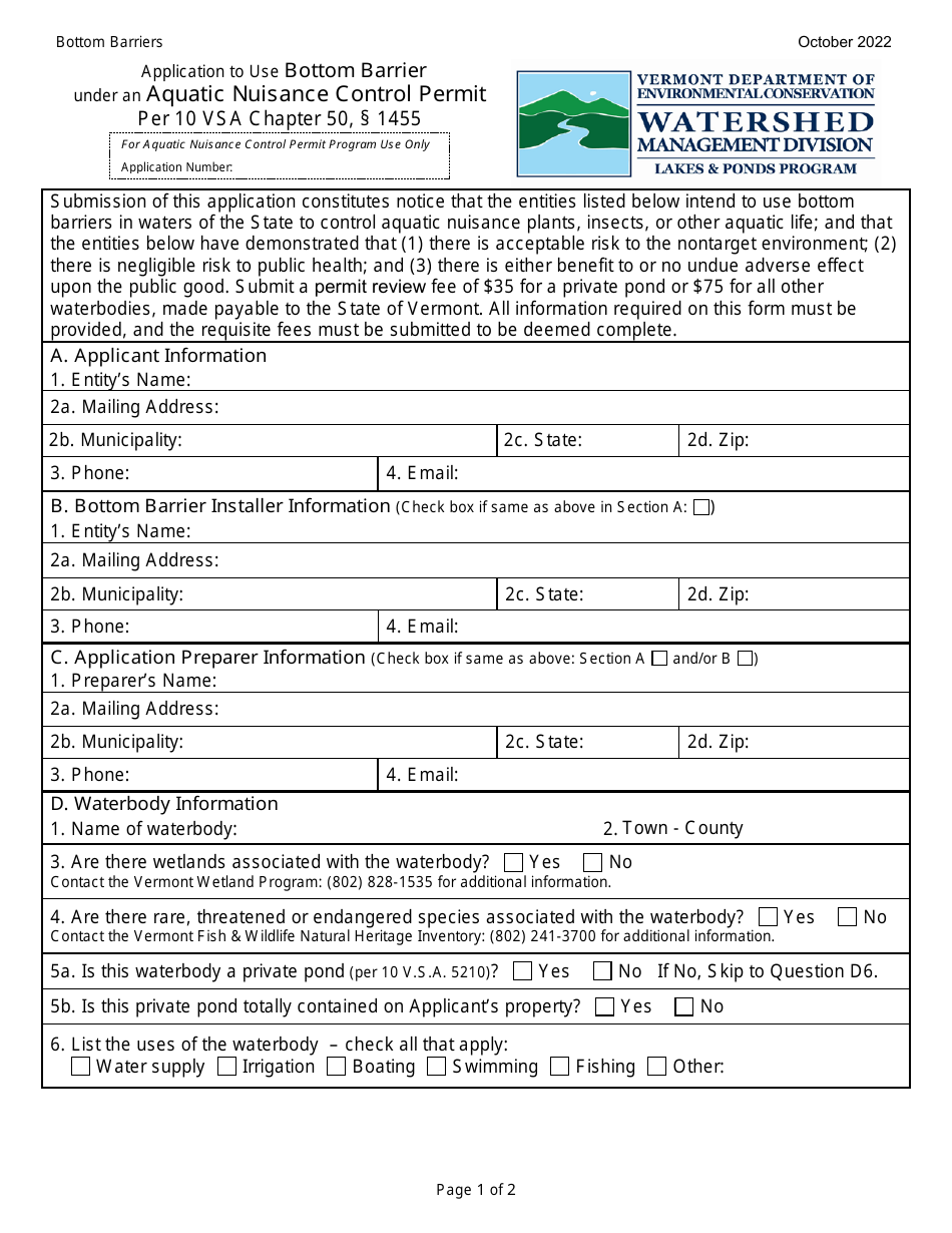 Vermont Application to Use Bottom Barrier Under an Aquatic Nuisance ...
