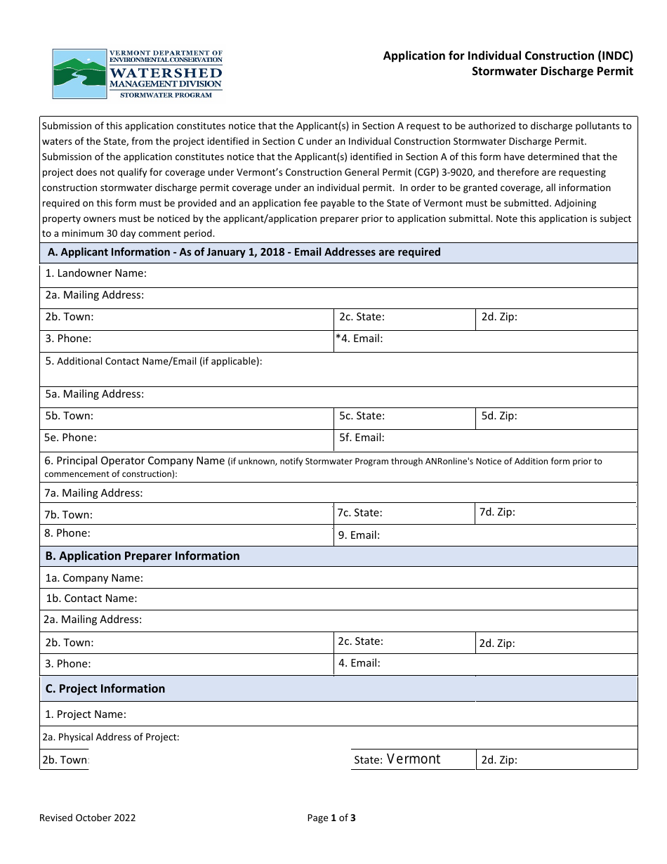 Vermont Application for Individual Construction (Indc) Stormwater ...