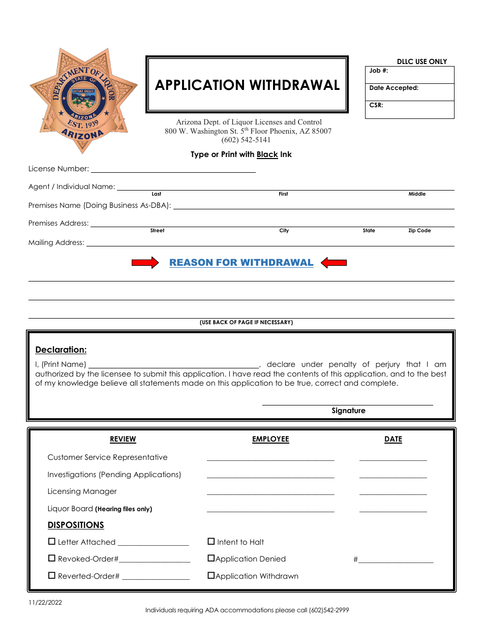 Arizona Application Withdrawal - Fill Out, Sign Online and Download PDF ...