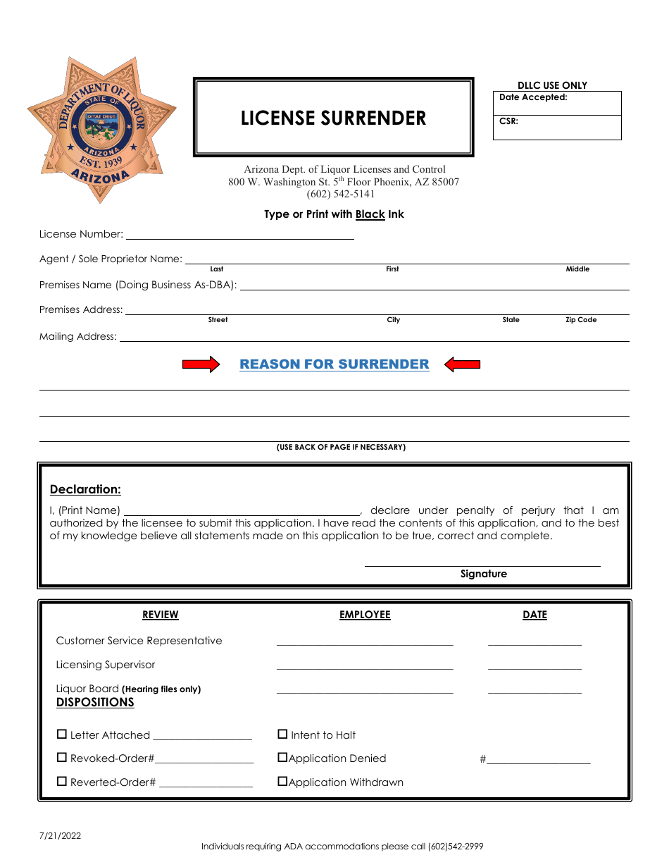 Arizona License Surrender - Fill Out, Sign Online and Download PDF ...