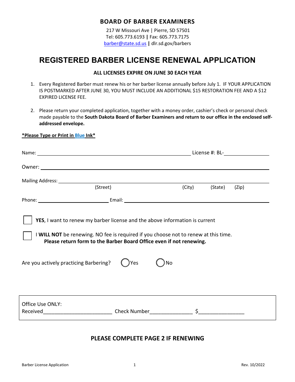 South Dakota Registered Barber License Renewal Application - Fill Out ...
