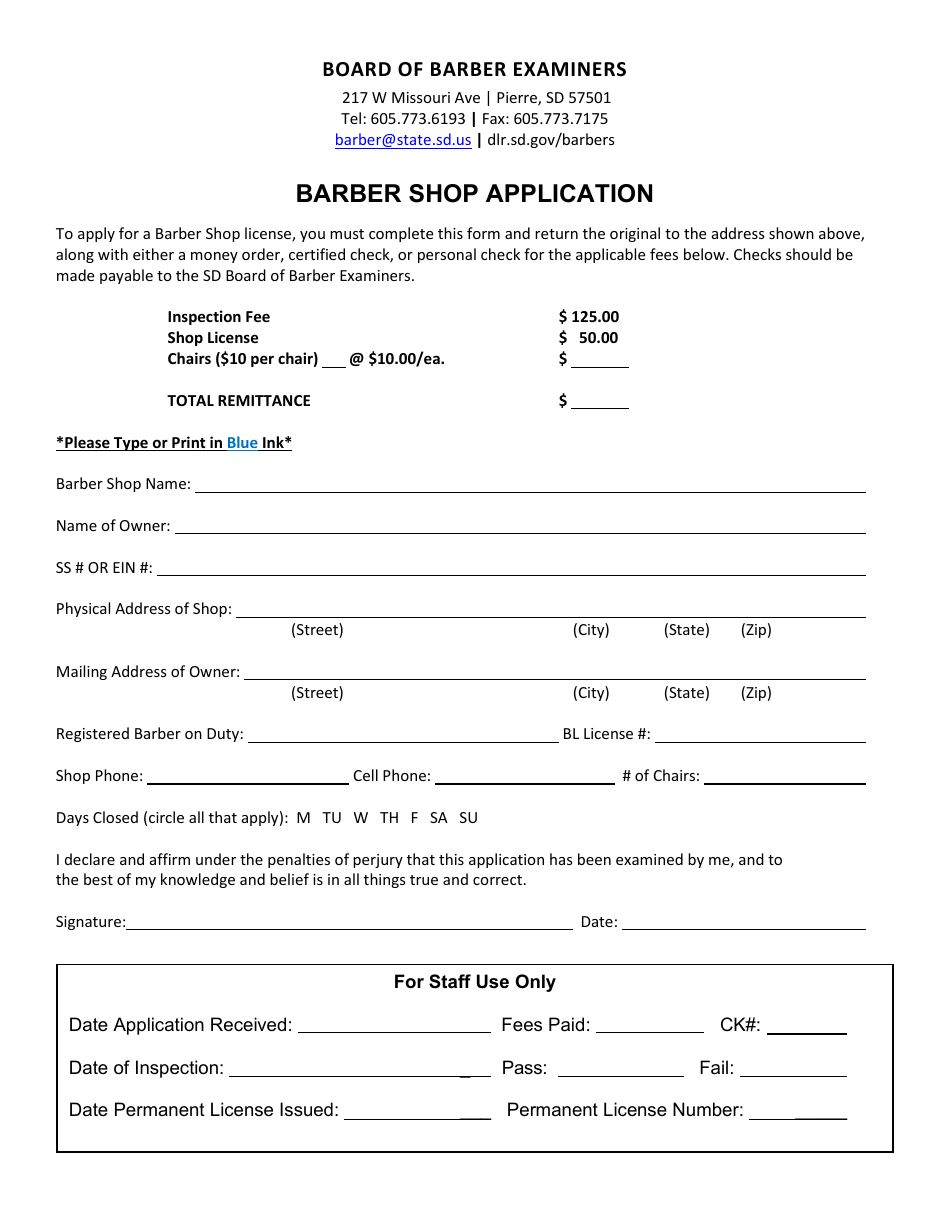 South Dakota Barber Shop Application - Fill Out, Sign Online and ...