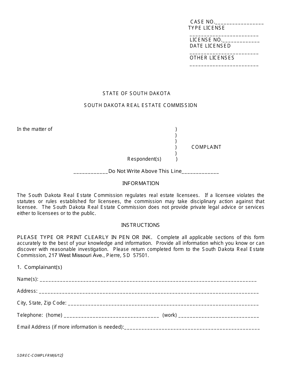 South Dakota Complaint Form - Fill Out, Sign Online and Download PDF ...