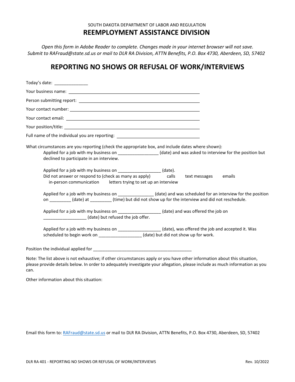 Form DLR RA401 Download Fillable PDF or Fill Online Reporting No Shows ...