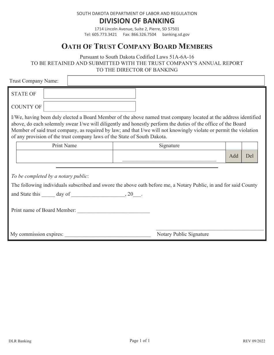 South Dakota Oath of Trust Company Board Members Download Fillable PDF ...