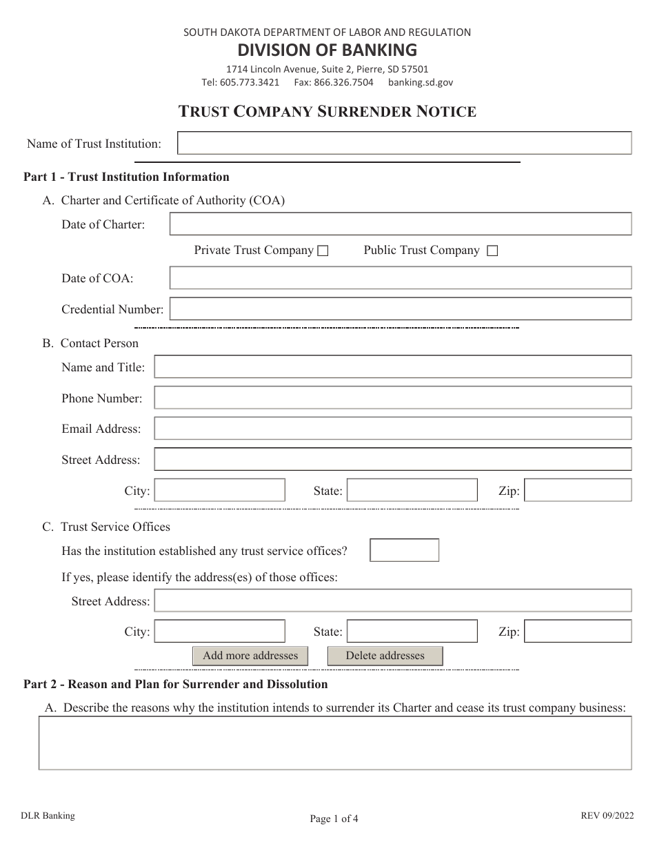 South Dakota Trust Company Surrender Notice - Fill Out, Sign Online and Download PDF ...