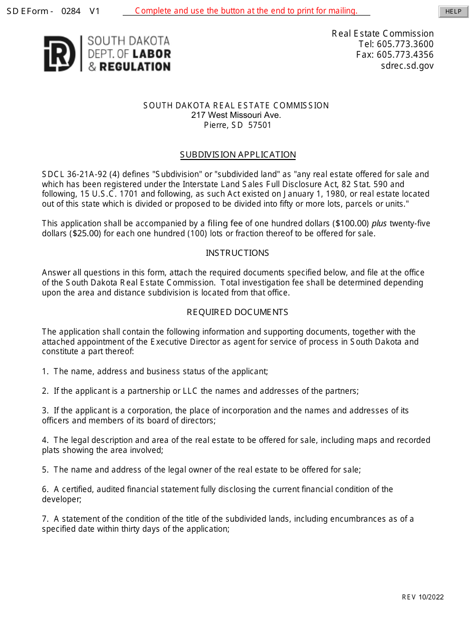 SD Form 0284 - Fill Out, Sign Online and Download Fillable PDF, South ...