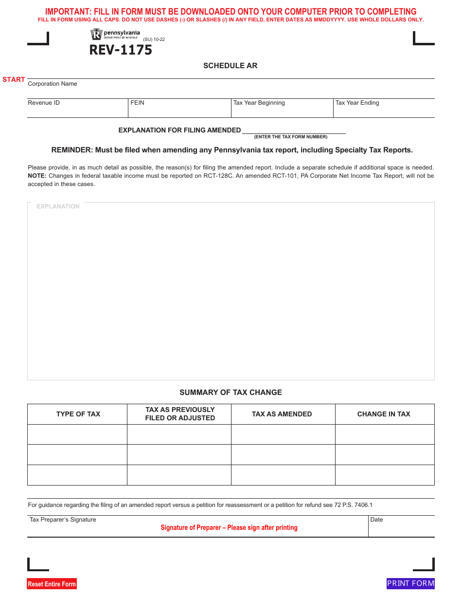 Form REV-1175 Schedule AR - Fill Out, Sign Online and Download Fillable ...