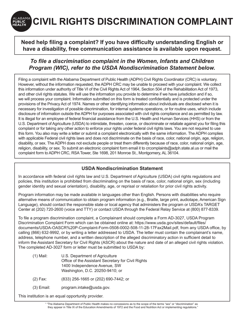 Alabama Civil Rights Discrimination Complaint - Fill Out, Sign Online ...