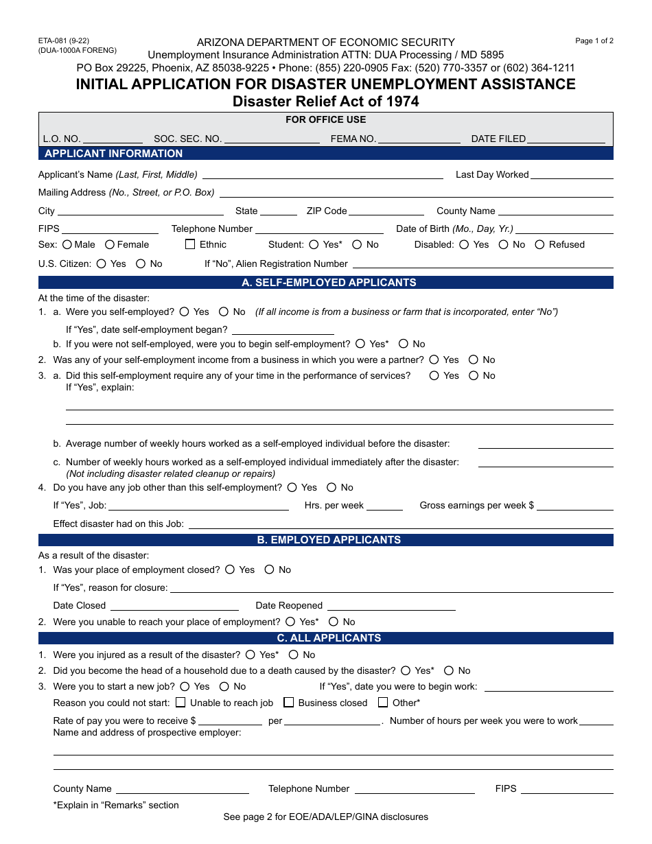 Form ETA-081 Download Fillable PDF or Fill Online Initial Application ...