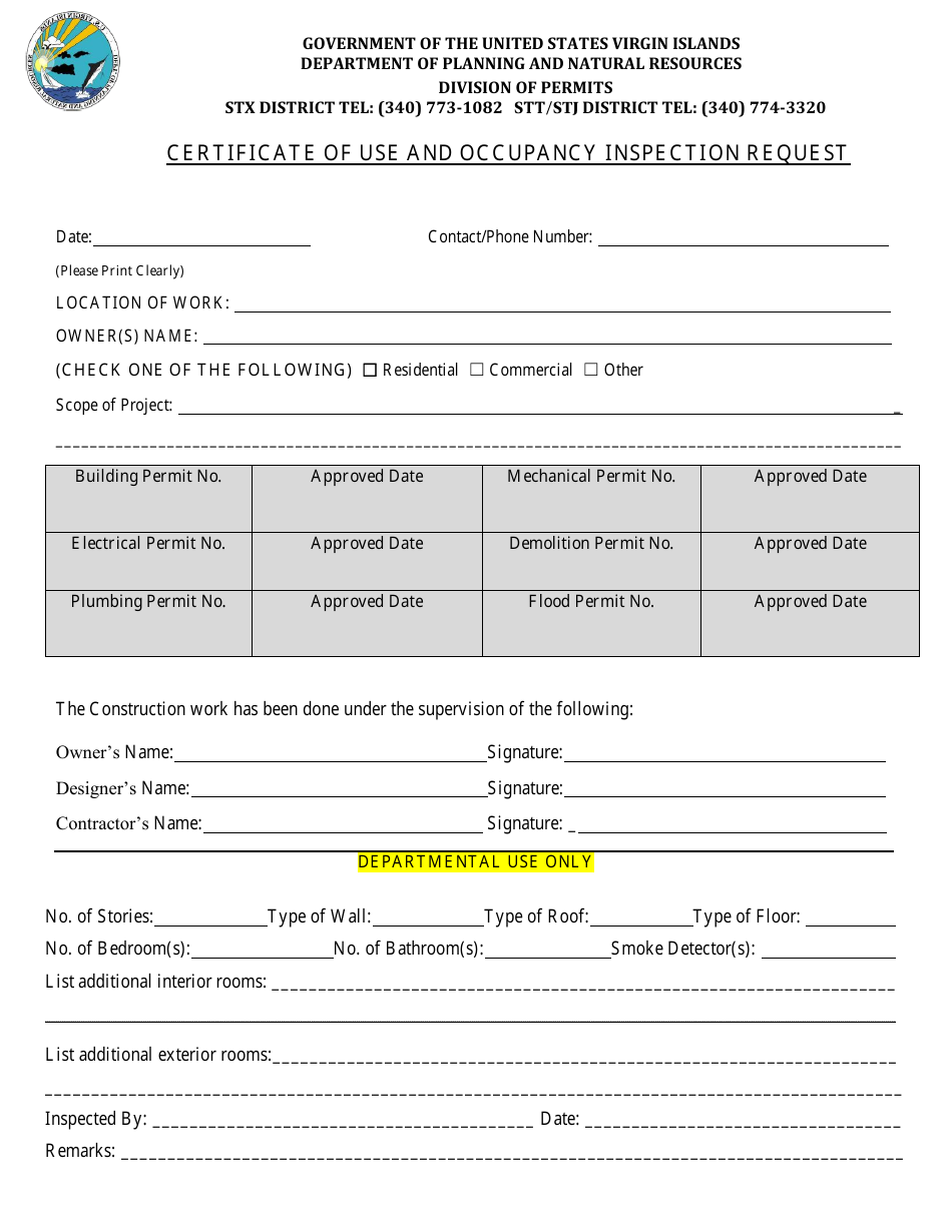 Virgin Islands Certificate of Use and Occupancy Inspection Request ...