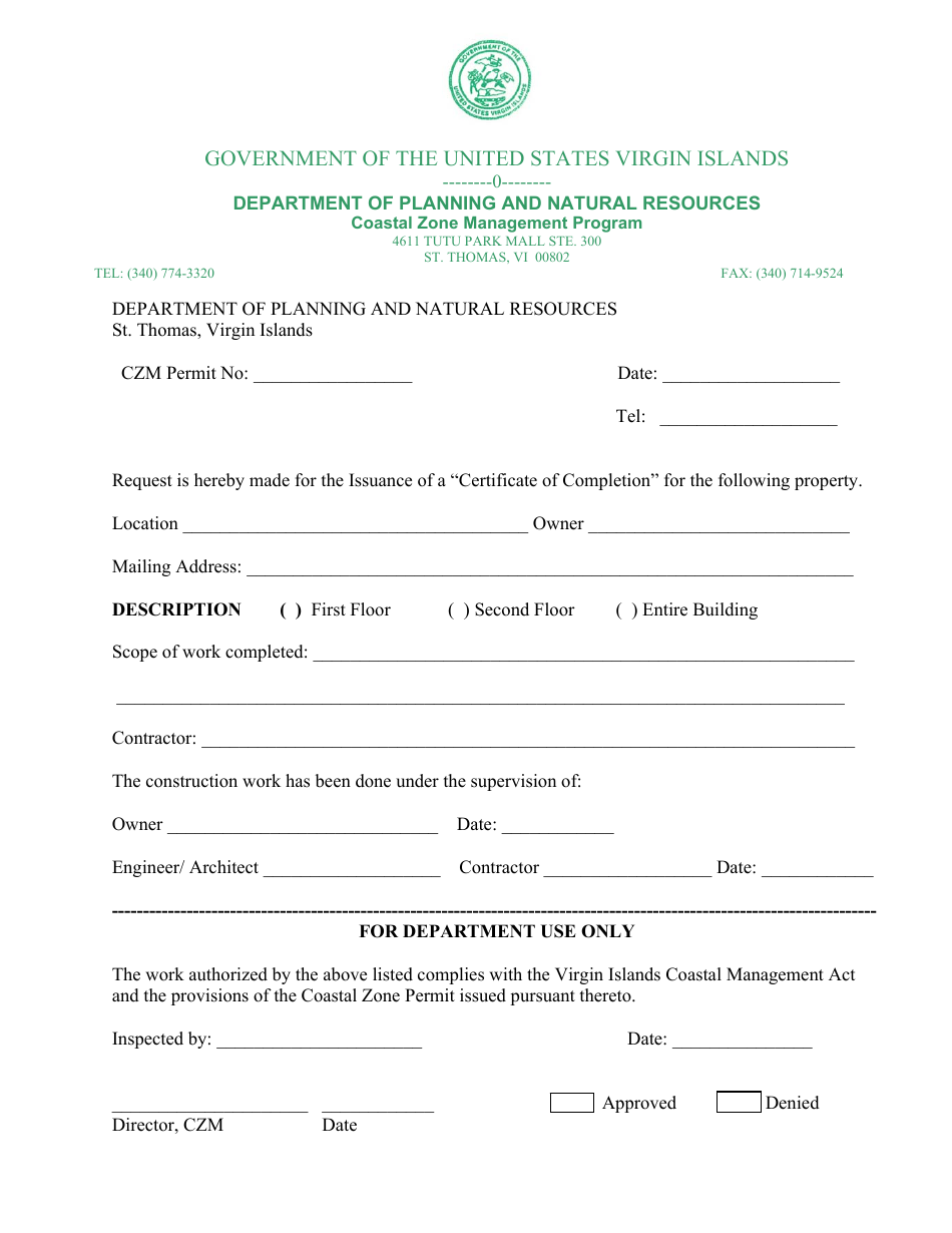 Virgin Islands Certificate of Completion - Coastal Zone Management ...