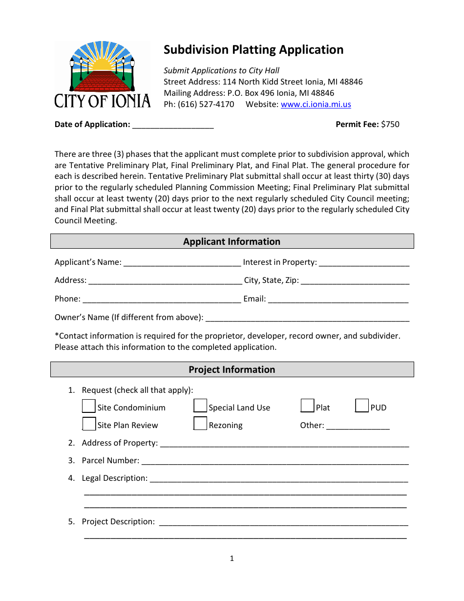 City of Ionia, Michigan Subdivision Platting Application - Fill Out ...