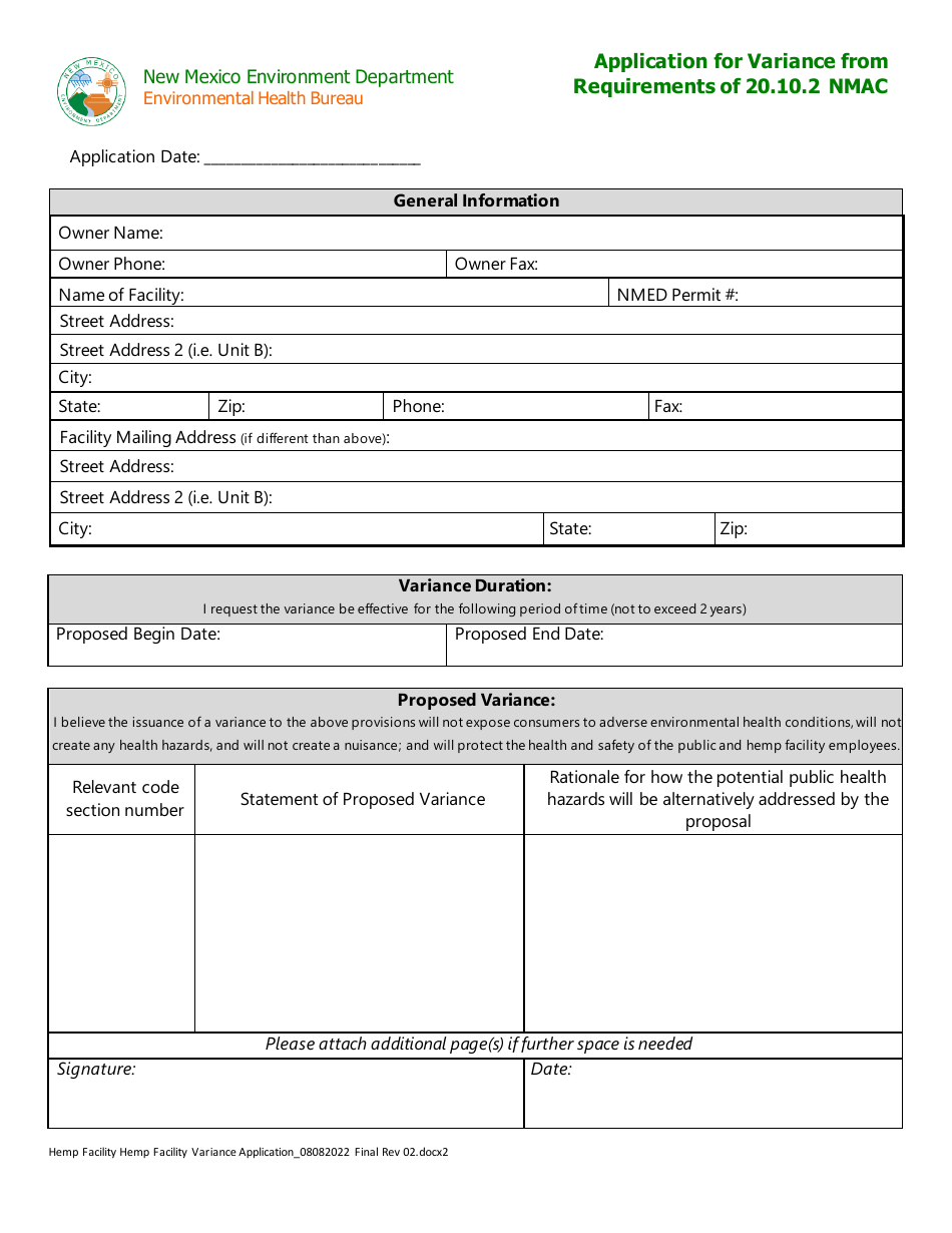 New Mexico Application for Variance From Requirements of 20.10.2 Nmac ...