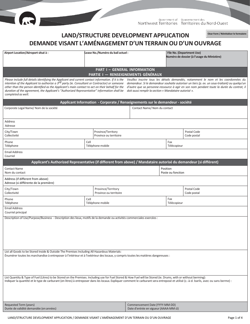 Northwest Territories Canada Land/Structure Development Application ...