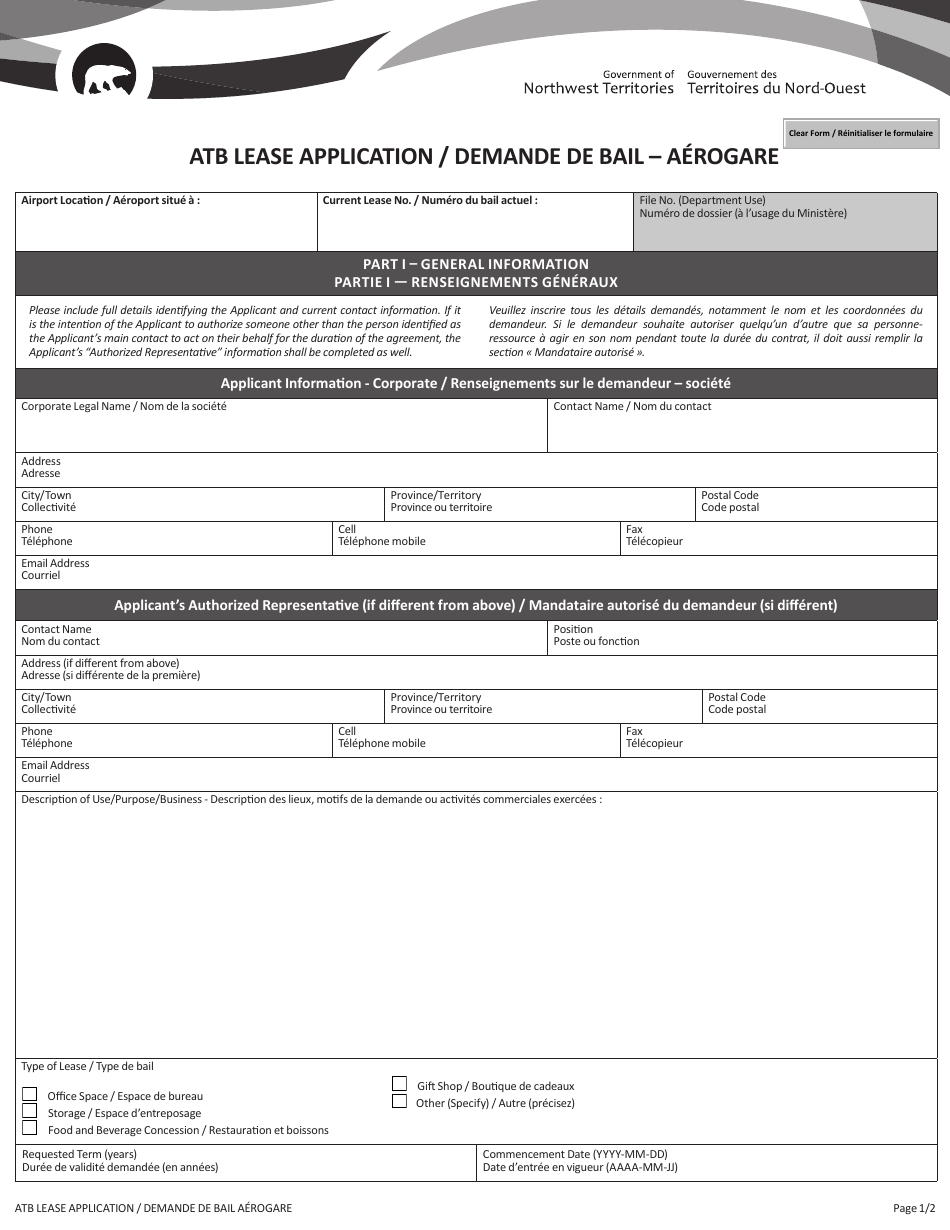 Northwest Territories Canada Atb Lease Application (English/French ...