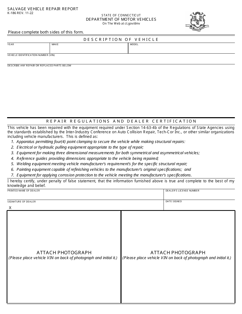Form K-186 Download Fillable PDF or Fill Online Salvage Vehicle Repair ...