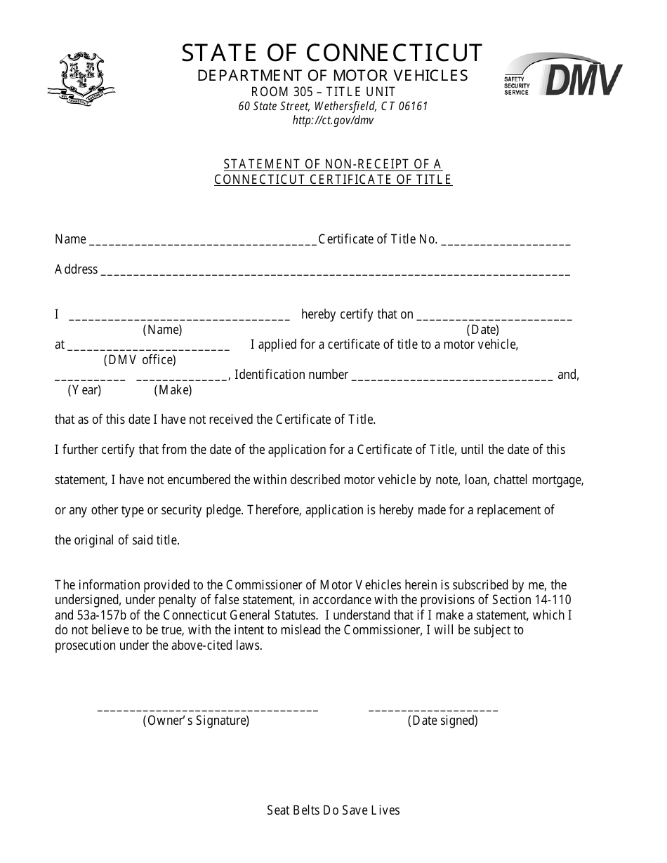 Connecticut Statement of Non-receipt of a Connecticut Certificate of ...