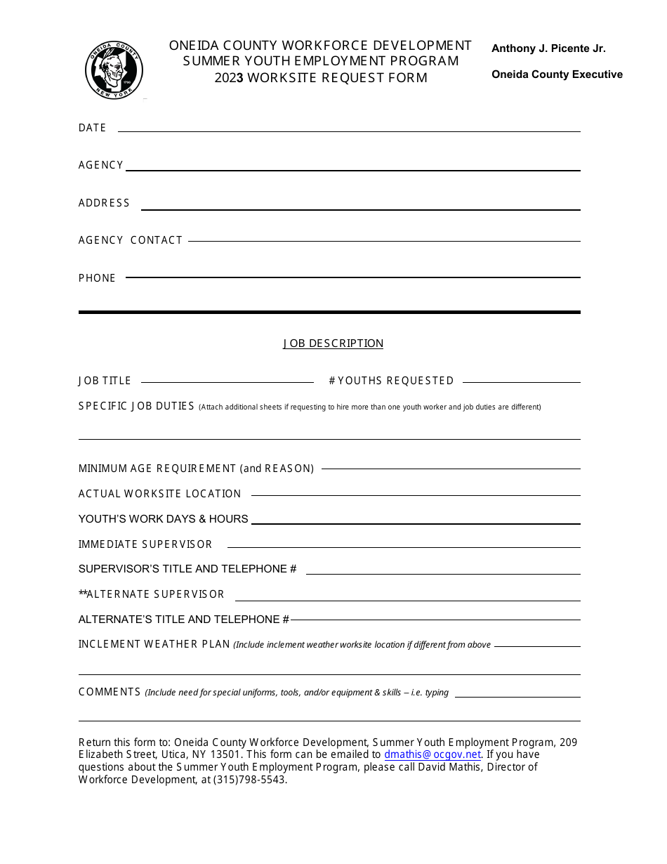 2023 Oneida County, New York Worksite Request Form - Summer Youth ...