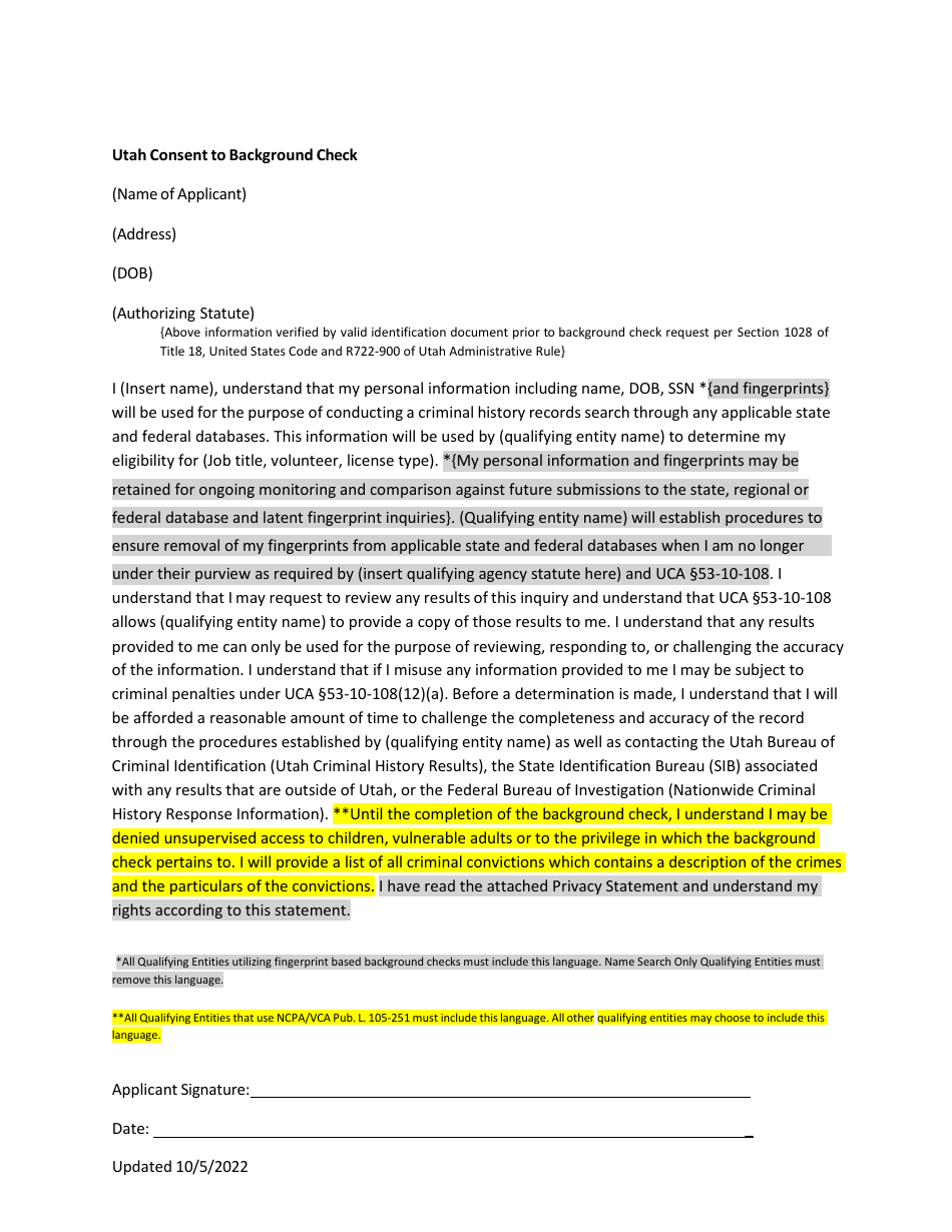 Utah Utah Consent to Background Check Form - Fill Out, Sign Online and ...