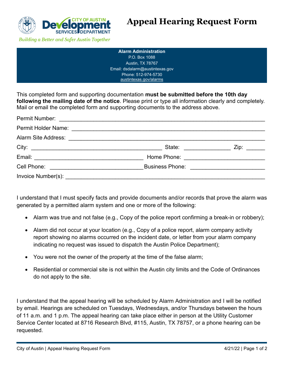 City of Austin, Texas Appeal Hearing Request Form - Fill Out, Sign Online and Download PDF ...