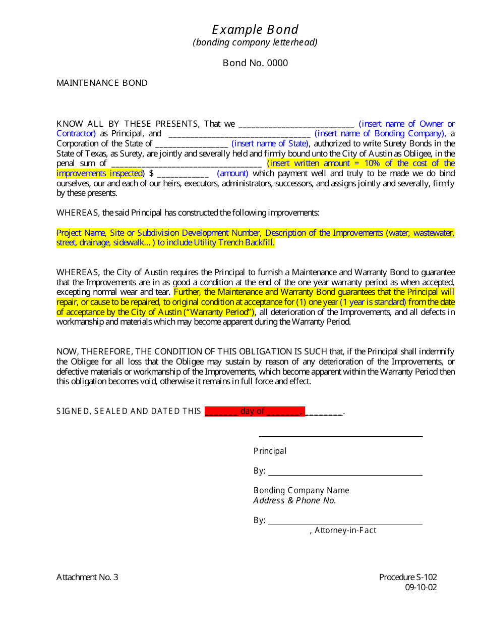City of Austin, Texas Maintenance Bond - Example - Fill Out, Sign ...