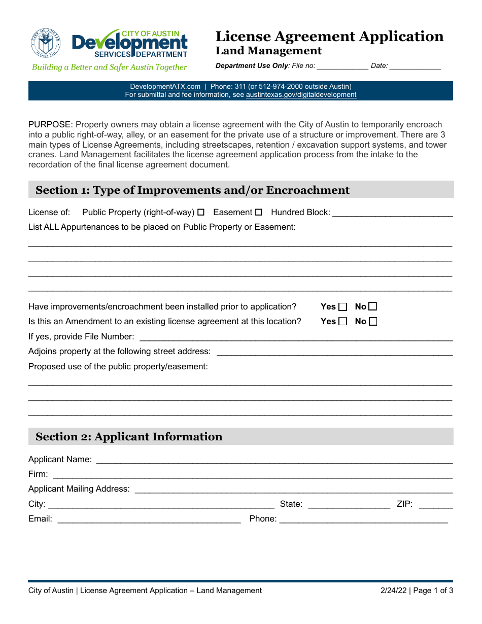 City of Austin, Texas License Agreement Application - Land Management ...