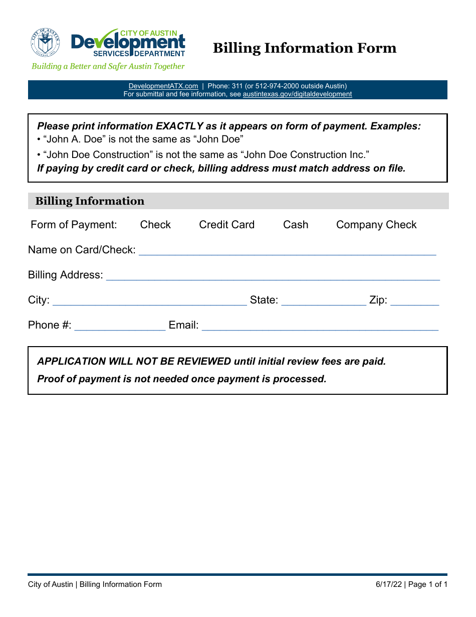City of Austin, Texas Billing Information Form - Fill Out, Sign Online ...