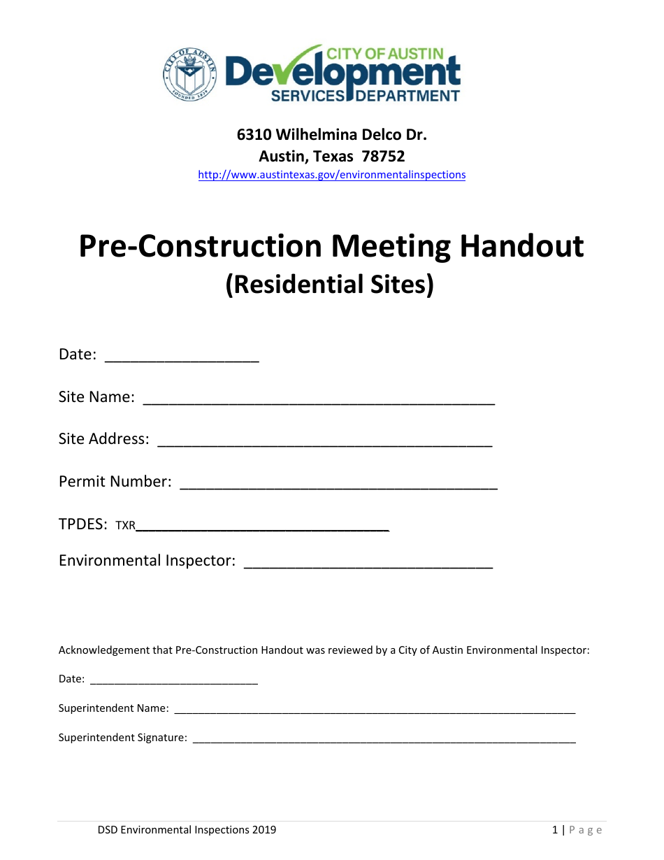 City of Austin, Texas Pre-construction Meeting Handout (Residential ...