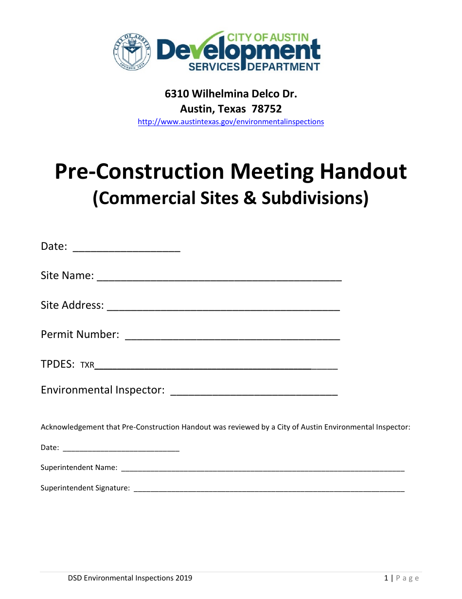 City of Austin, Texas Pre-construction Meeting Handout (Commercial ...