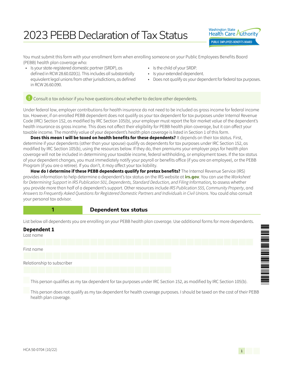 Form HCA50-0704 Download Fillable PDF or Fill Online Pebb Declaration ...