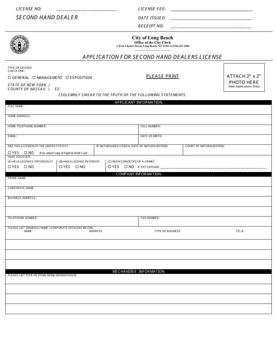 City of Long Beach, New York Application for Second Hand Dealers ...