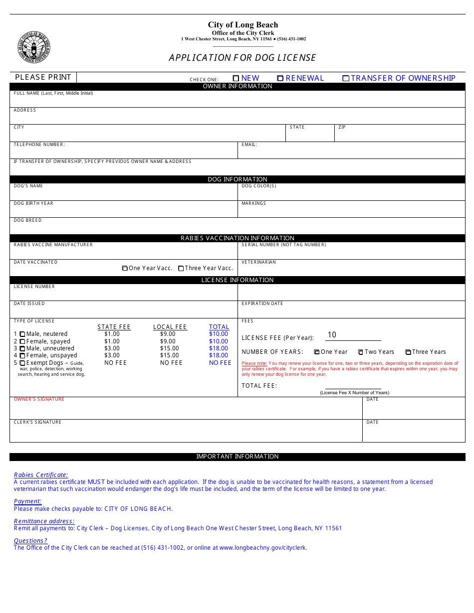 City of Long Beach, New York Application for Dog License - Fill Out ...