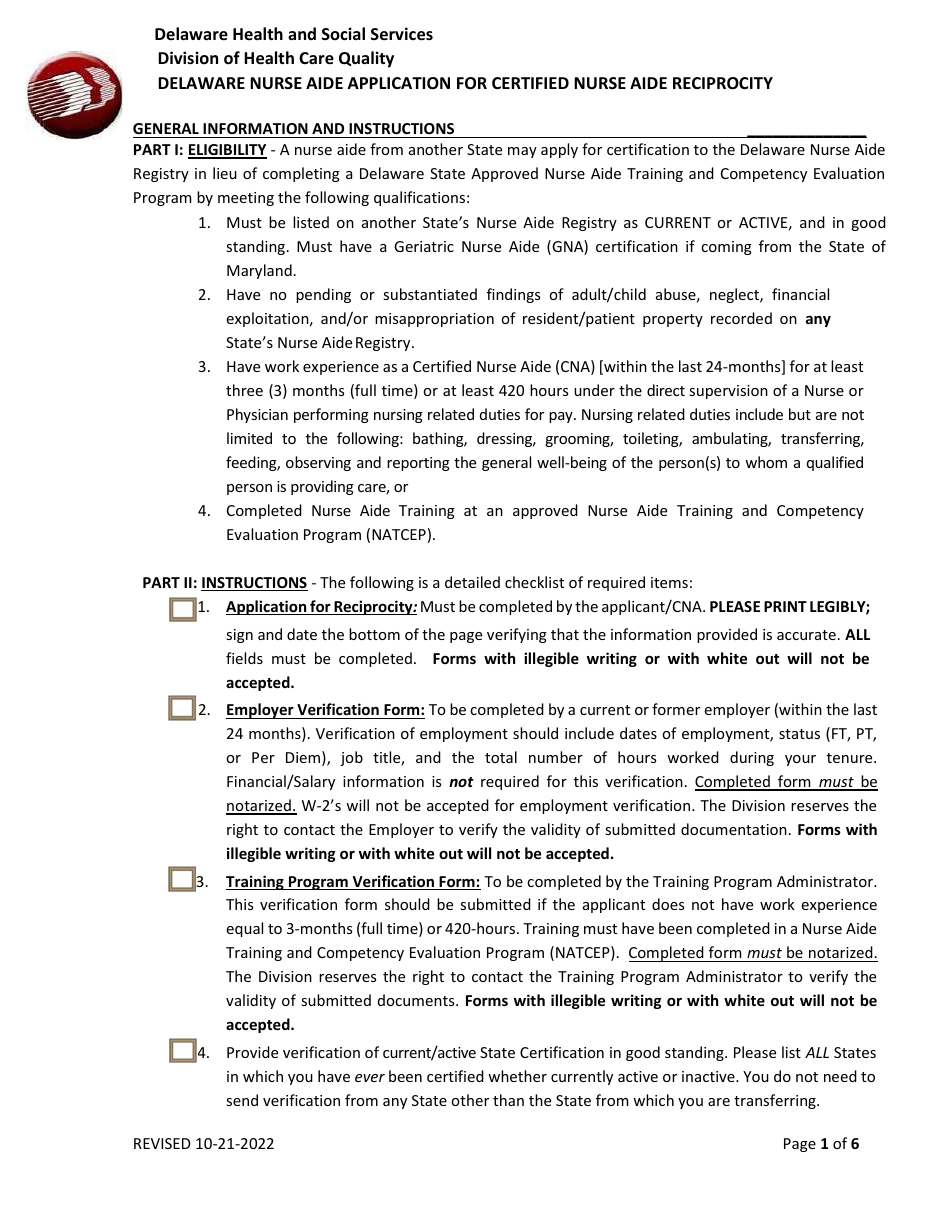 Delaware Delaware Nurse Aide Application for Certified Nurse Aide ...