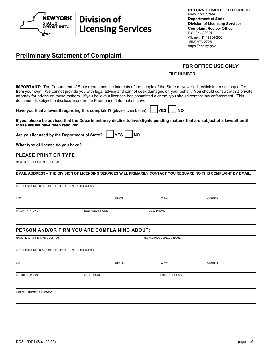 Form DOS-1507-F Download Fillable PDF or Fill Online Preliminary ...