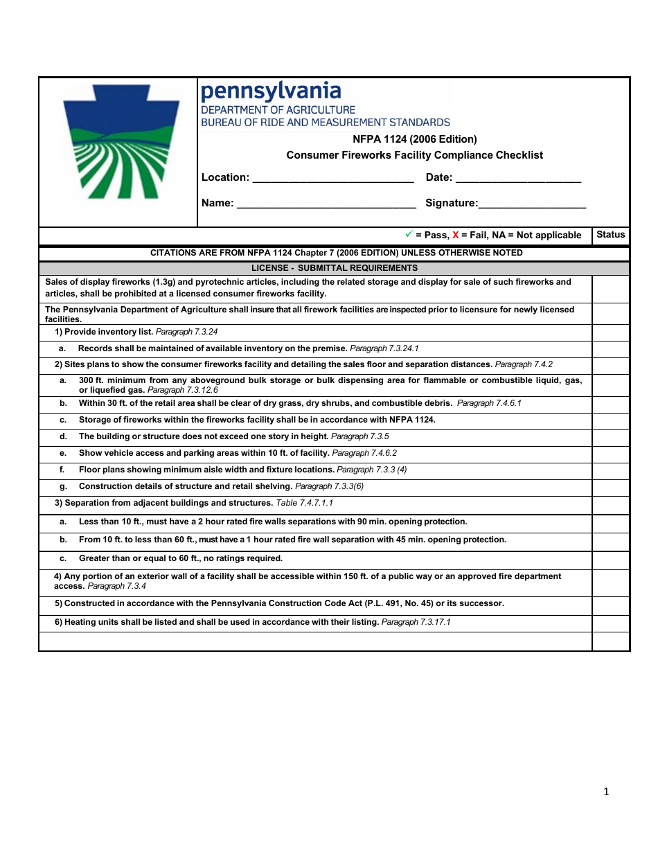Pennsylvania NFPA 1124 (2006 Edition) Consumer Fireworks Facility ...