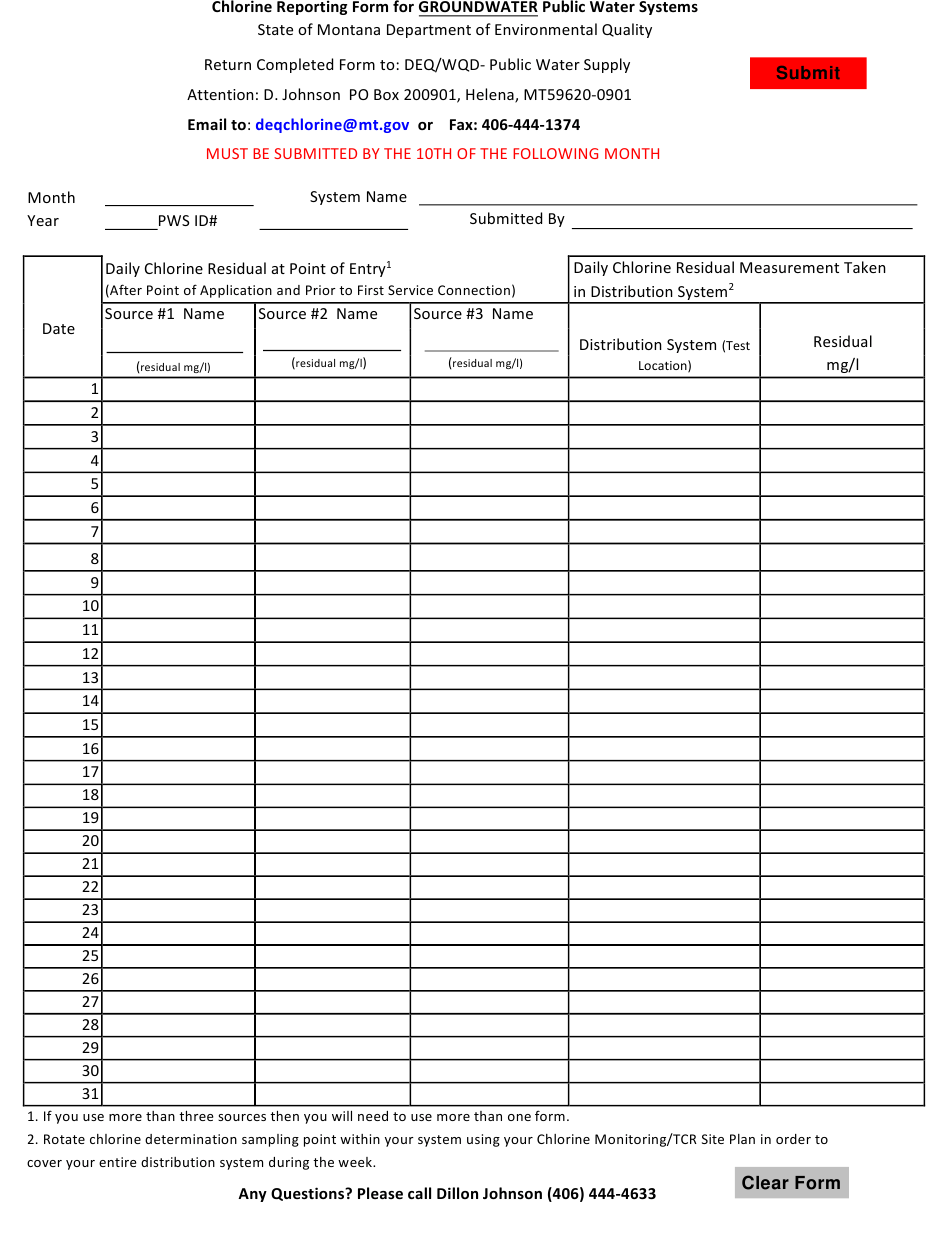 Montana Chlorine Reporting Form for Groundwater Public Water Systems ...